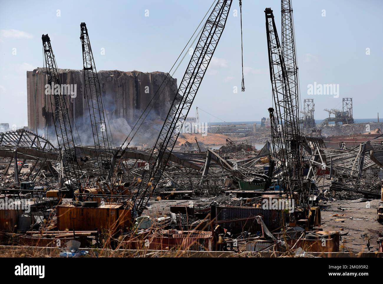 Extensive damage shows at the site of an explosion that hit the seaport ...