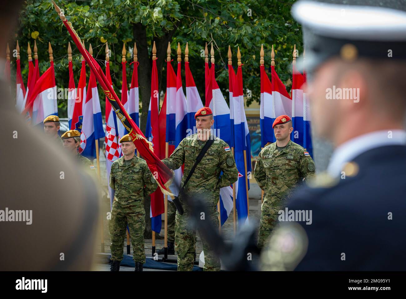 Croatian soldiers attend a ceremony in Knin, Croatia, Wednesday, Aug. 5 ...