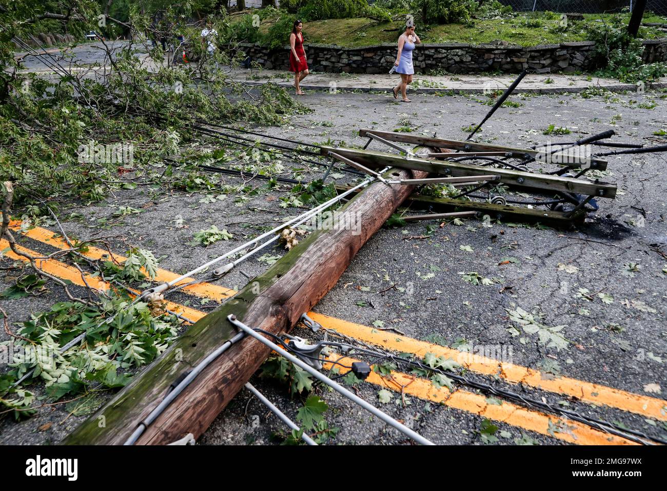 Debris from trees and power lines lie in a road brought down by high ...