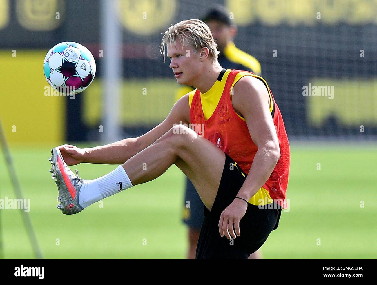 Dortmund's forward Erling Braut Haaland exercises during the first ...