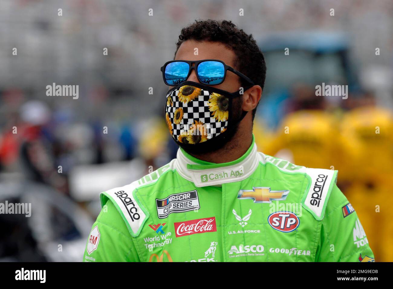 Driver Bubba Wallace waits for the start of a NASCAR Cup Series auto ...
