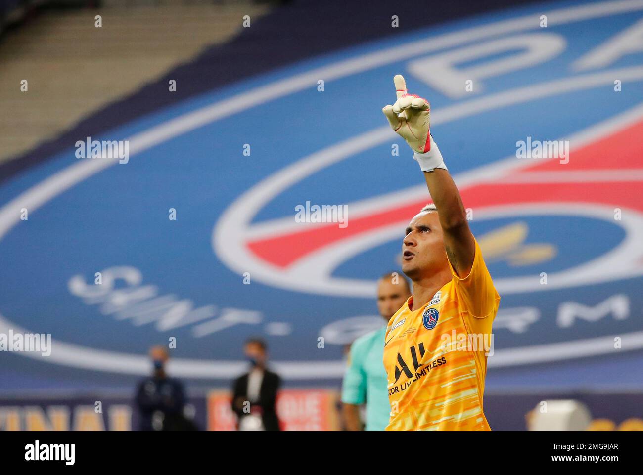 PSG's goalkeeper Keylor Navas celebrates after blocking a penalty kick ...
