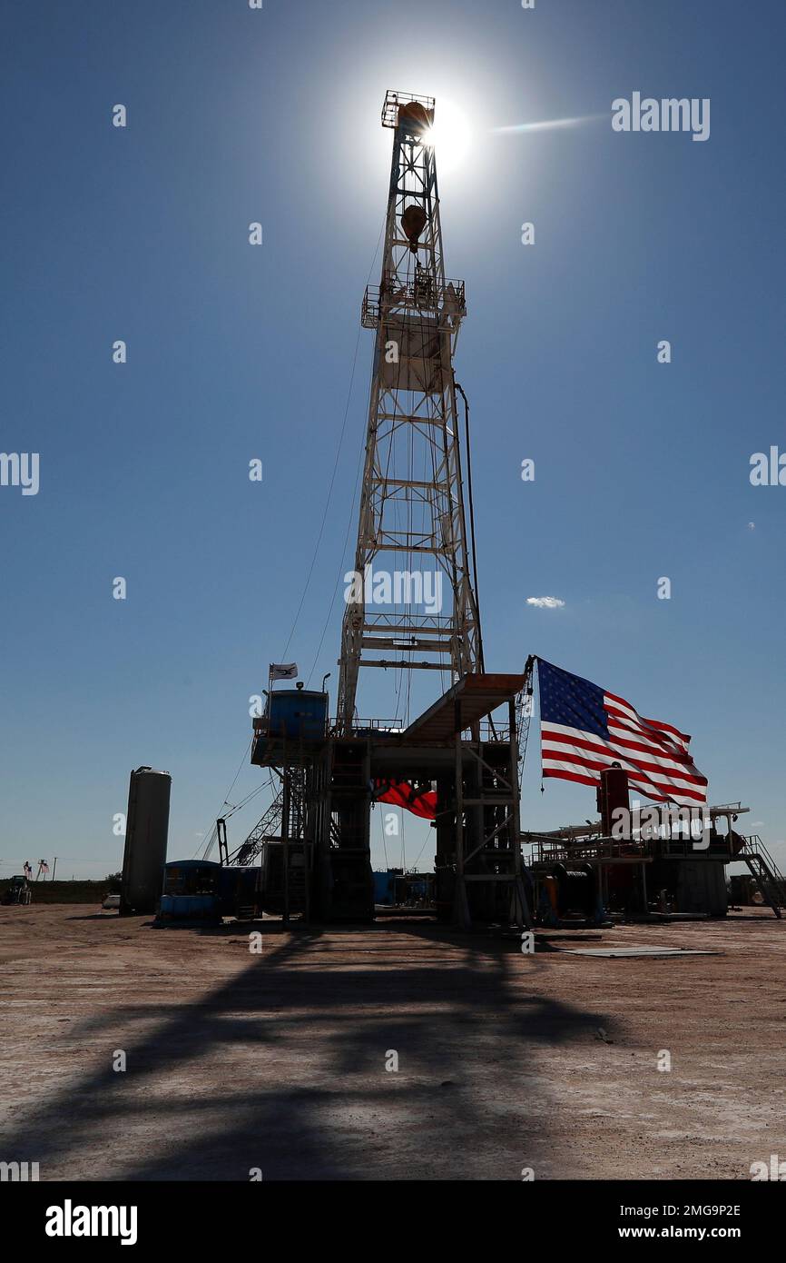 An oil rig stands near the site where President Donald Trump delivered ...