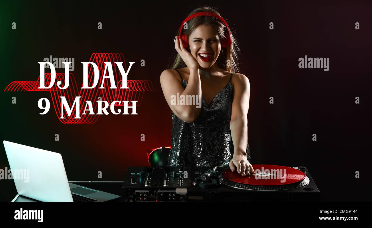 Female dj playing music in nightclub. Poster for World DJ Day Stock ...