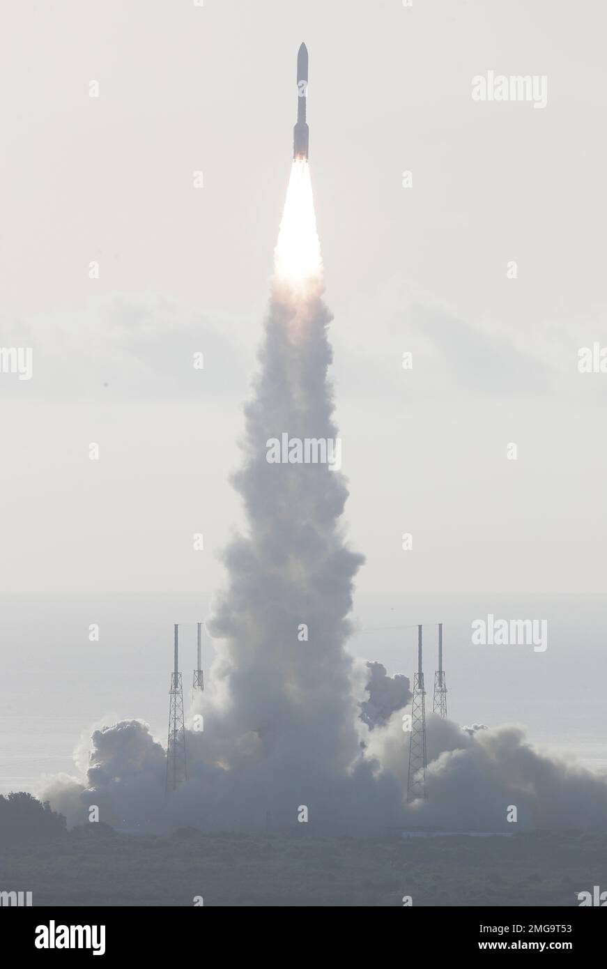 An Atlas V rockets lifts off from the Kennedy Space Center with NASA's Perseverance rover on its ...