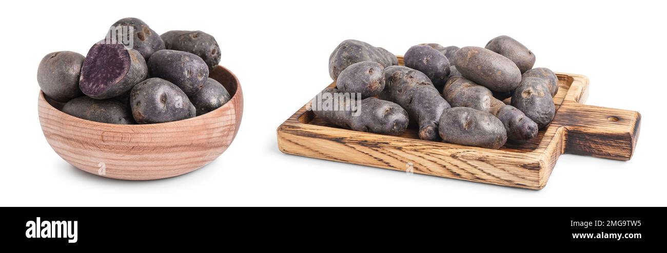 Group of raw purple potatoes on white background Stock Photo - Alamy