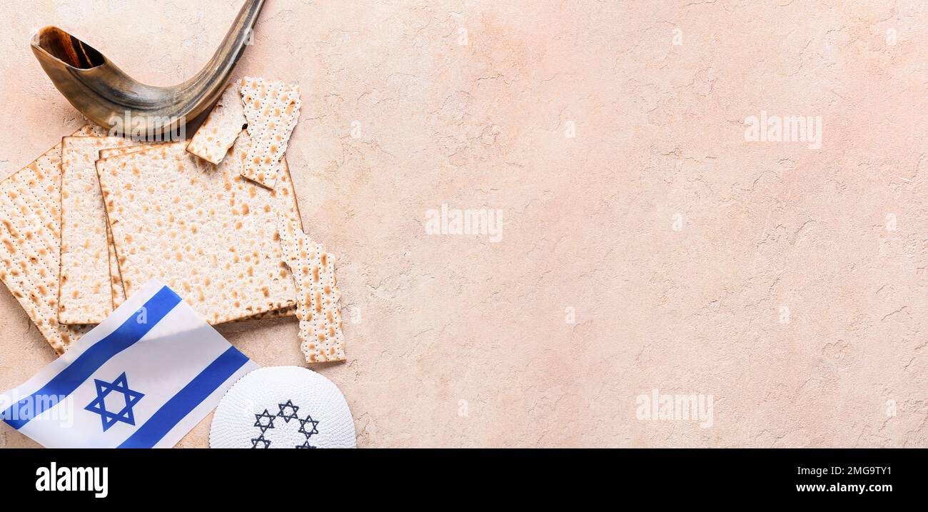 Symbols of Judaism with flag of Israel on grunge with space for text ...