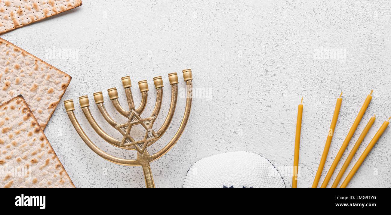Composition with symbols of Judaism on light background Stock Photo - Alamy