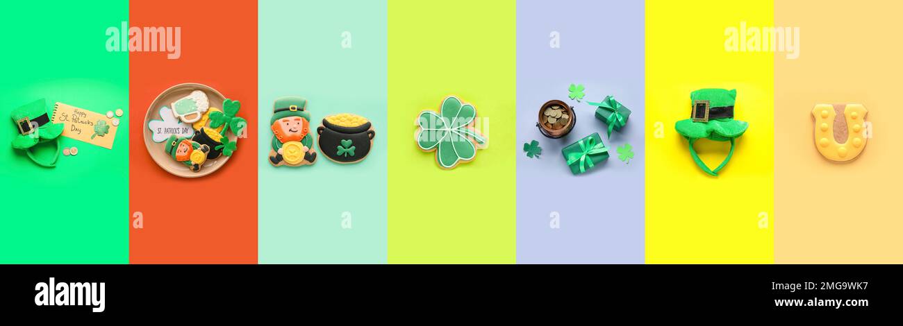 Festive collage with tasty sweets, gifts and decor for St. Patrick's ...