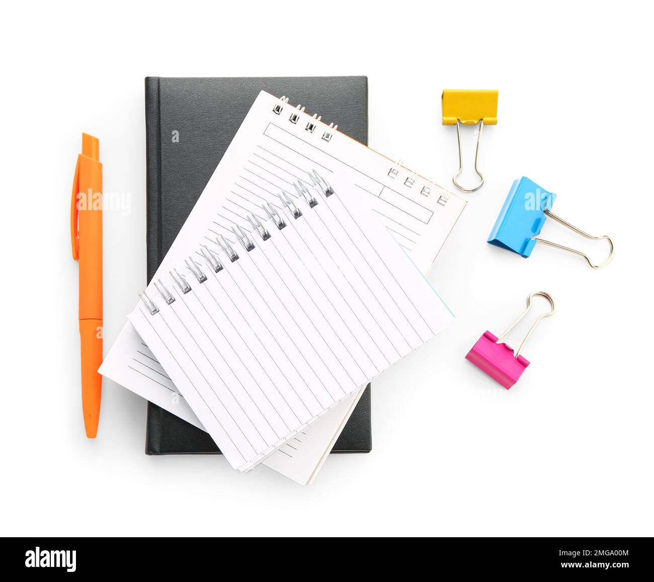 Notebooks, pen and paper clips on white background Stock Photo - Alamy
