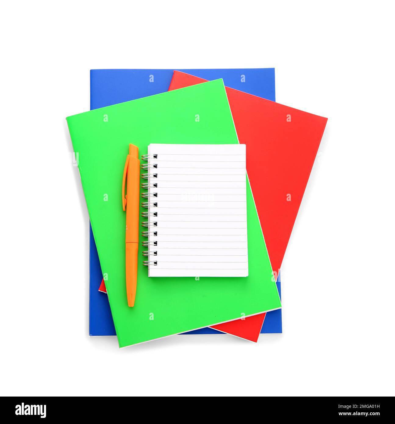 Stack of notebooks and pen isolated on white background Stock Photo - Alamy