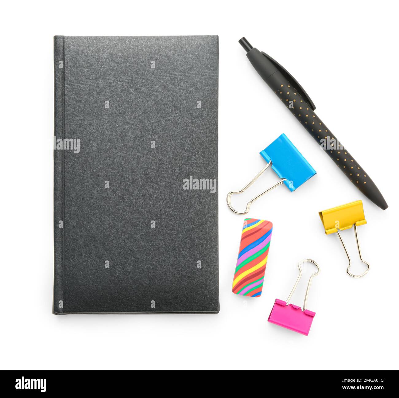 Black notebook, pen and paper clips on white background Stock Photo - Alamy