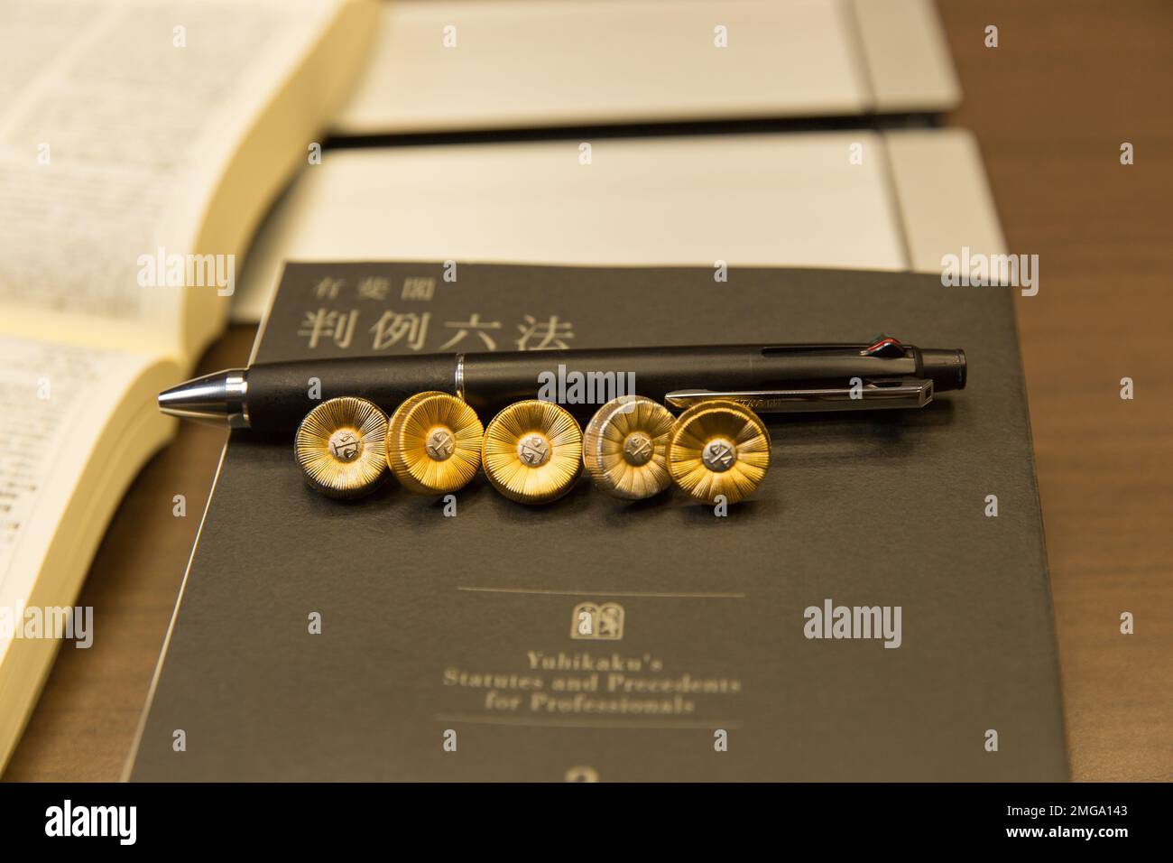 Bengoshi bajji o roppōzensho no ue de satsuei Stock Photo - Alamy