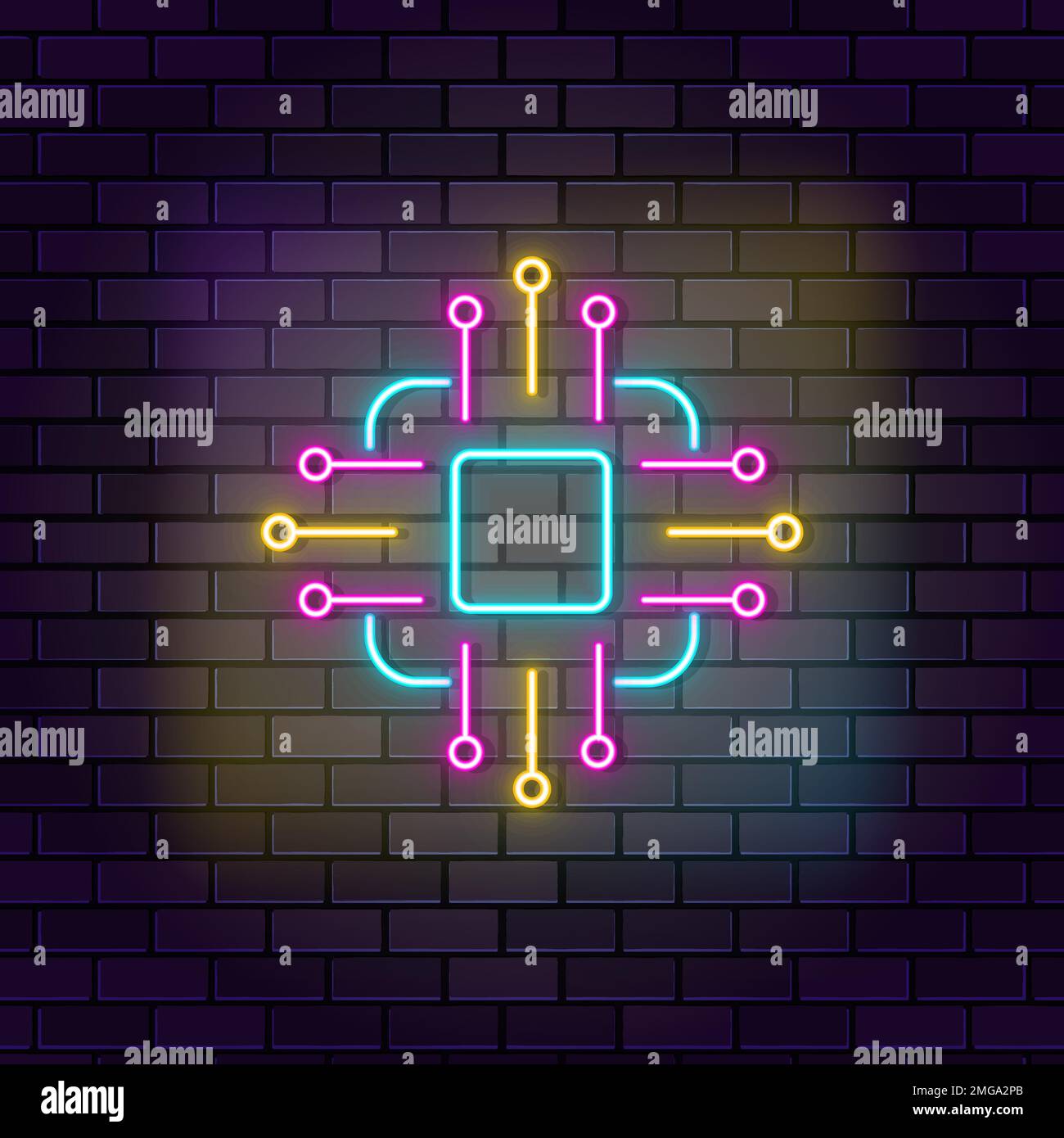 Chip, connection, network neon vector icon on dark wall background ...