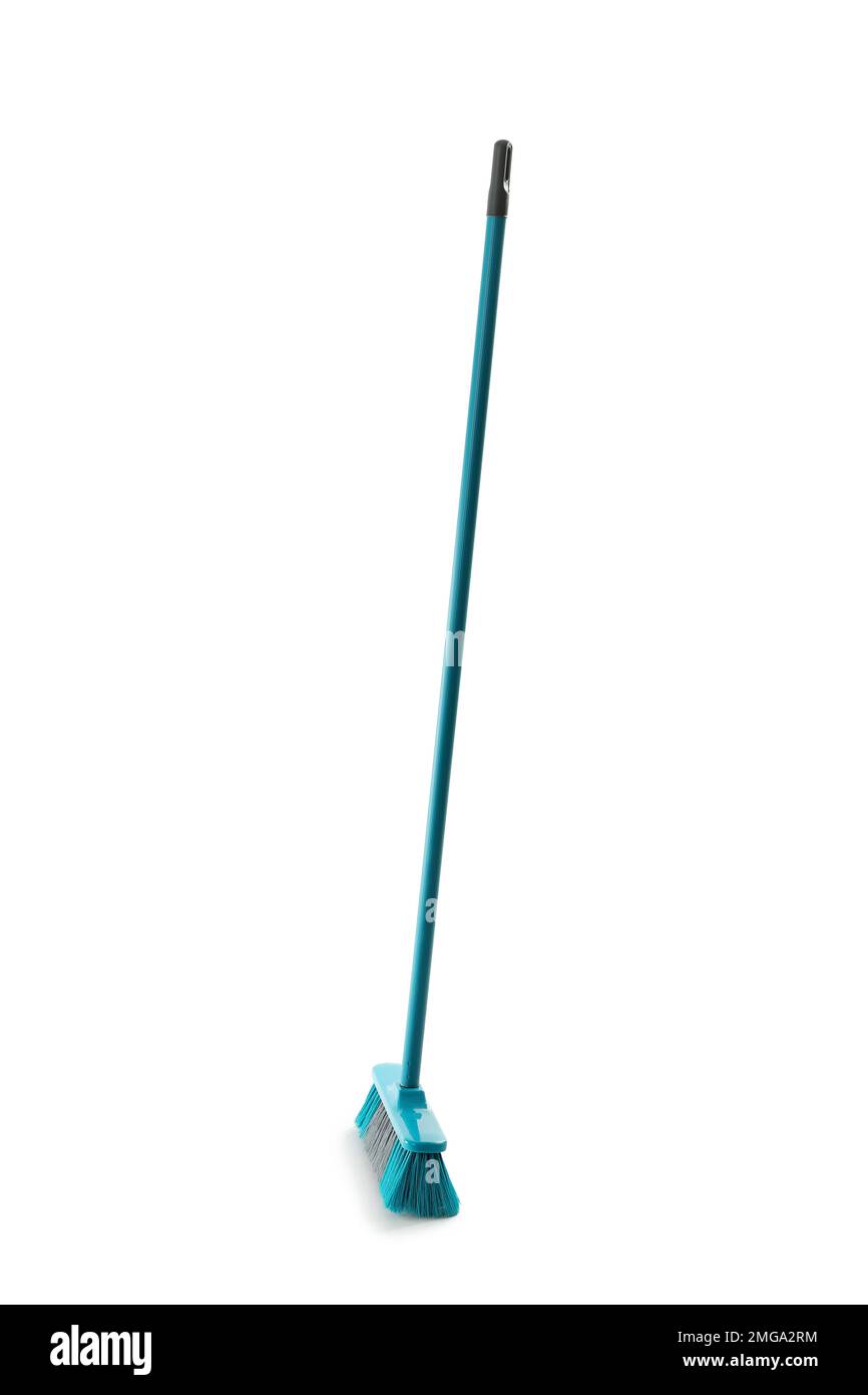 Blue broom for cleaning on white background Stock Photo - Alamy