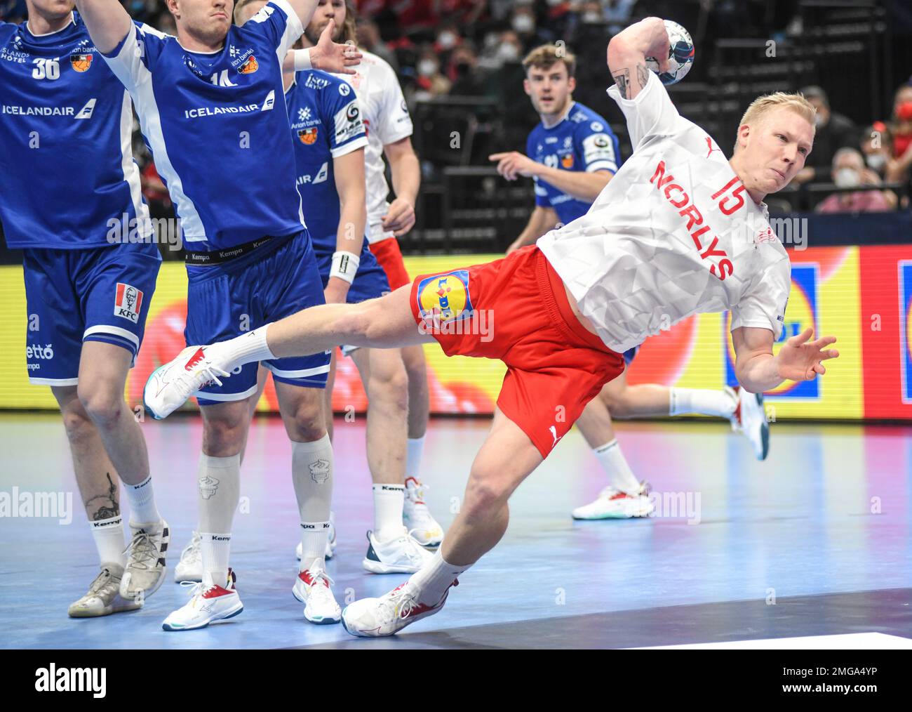 Magnus Jensen (Denmark) against Iceland. EHF Euro 2022. Main Round ...