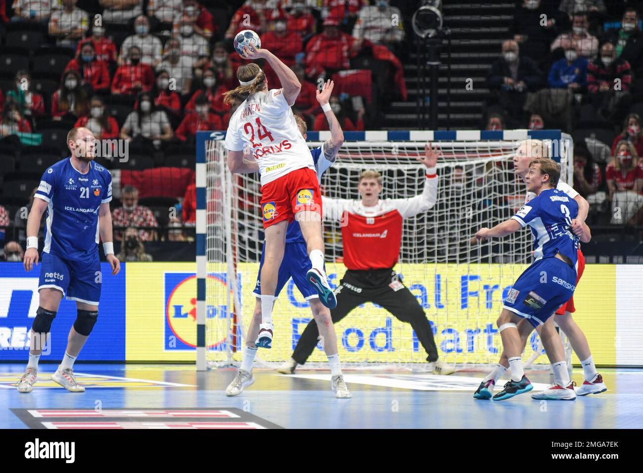 Mikkel Hansen (Denmark) against Iceland. EHF Euro 2022. Main Round ...