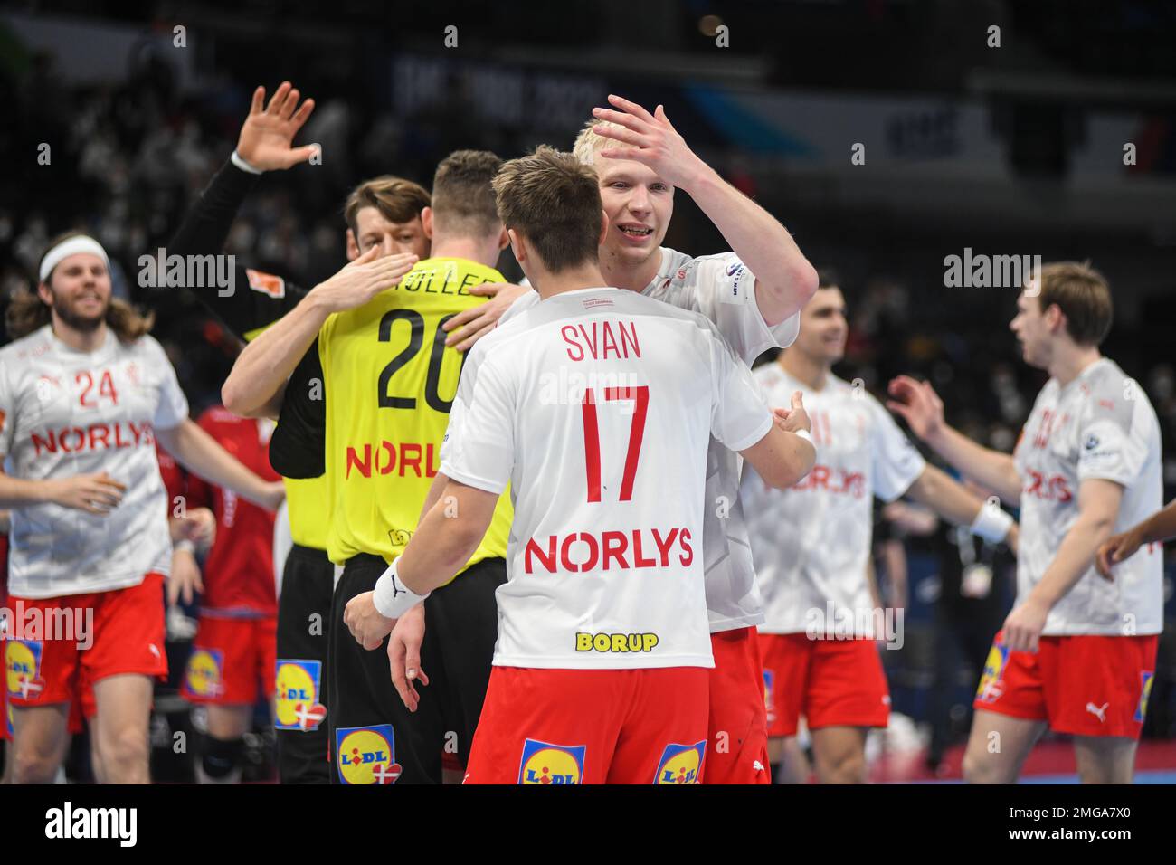 Denmark National Team celebrates the win over Iceland. EHF Euro 2022 ...