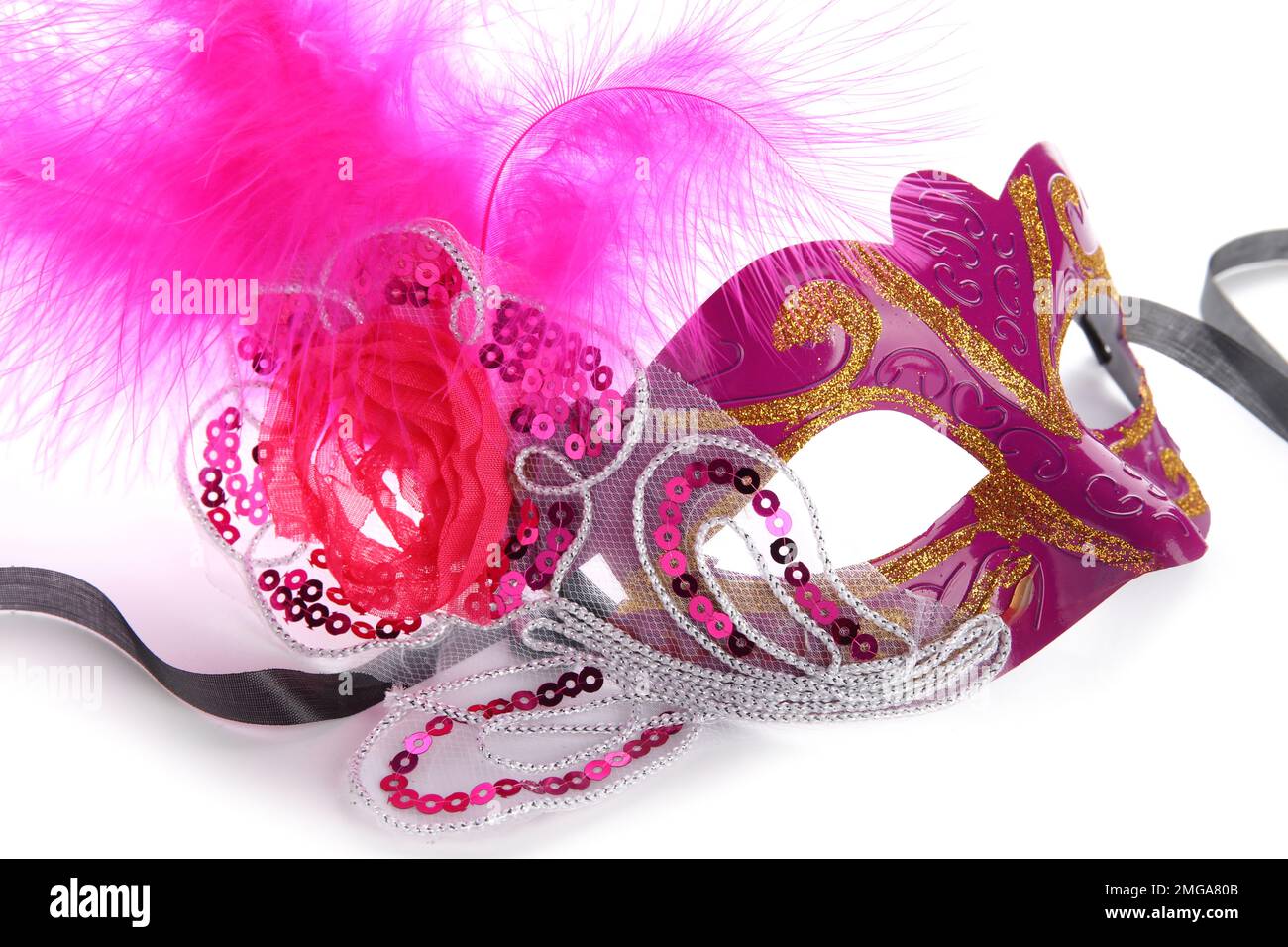 Pink carnival mask for Mardi Gras celebration on white background ...