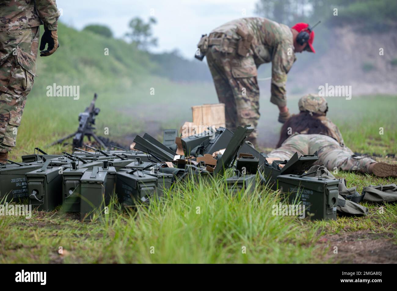 Ammunition cans safeguard bullets during an M40B machine gun firing ...