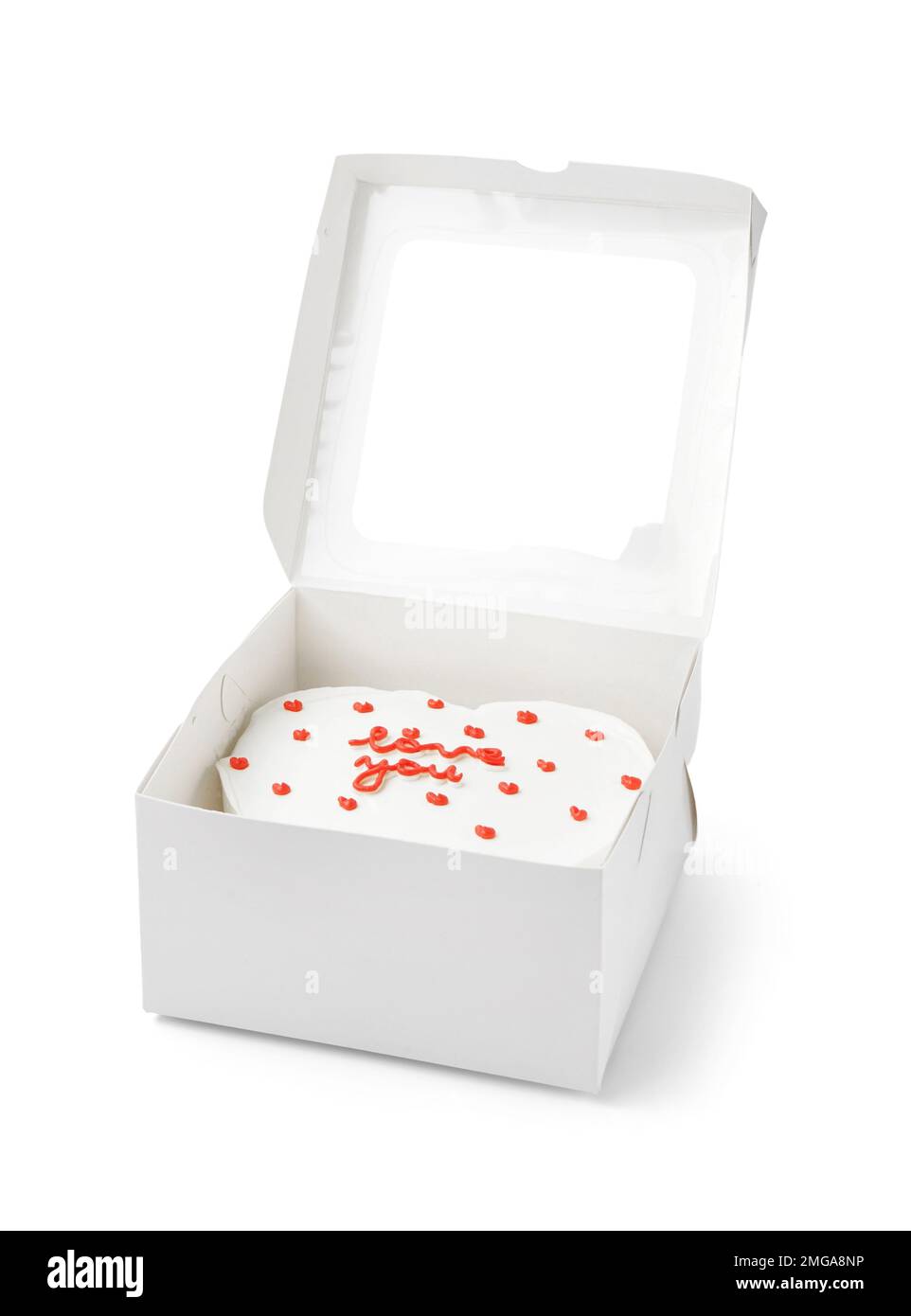 Opened box with tasty bento cake isolated on white background ...