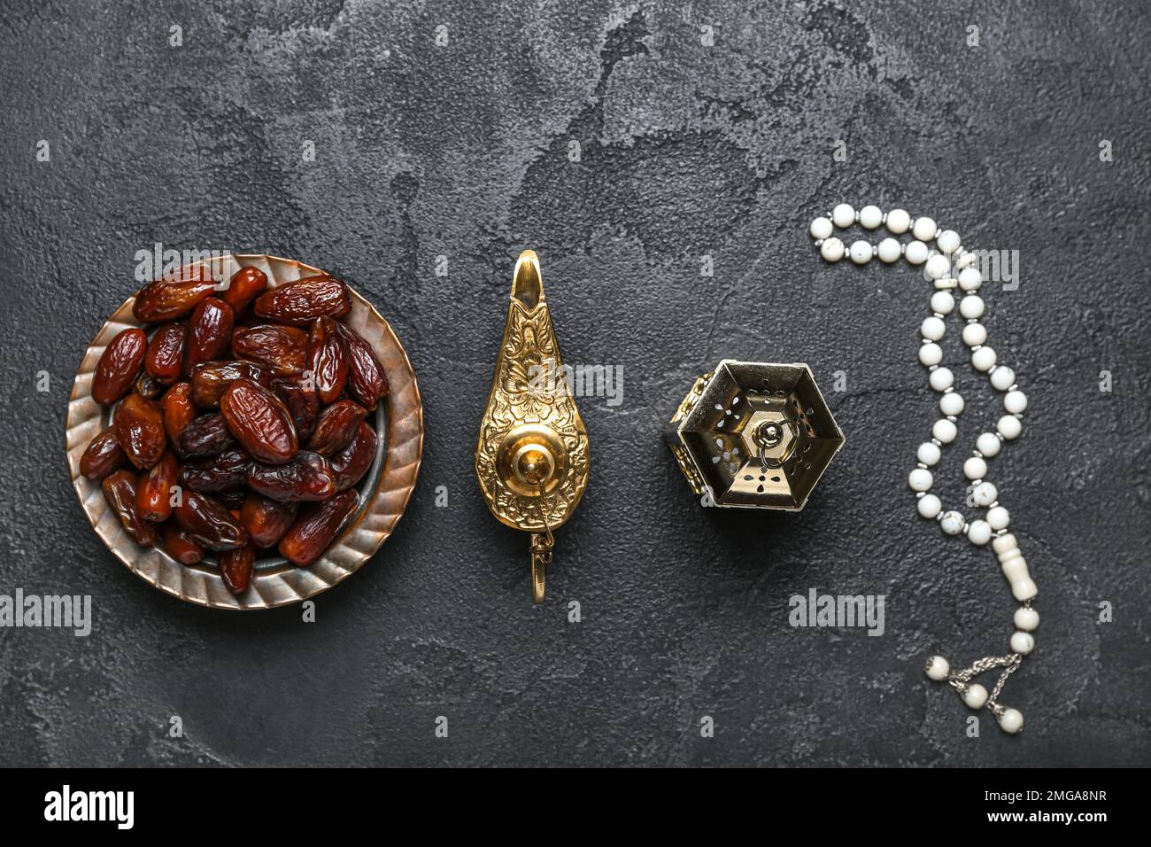 Aladdin lamp of wishes, dates, Muslim lantern and prayer beads for ...