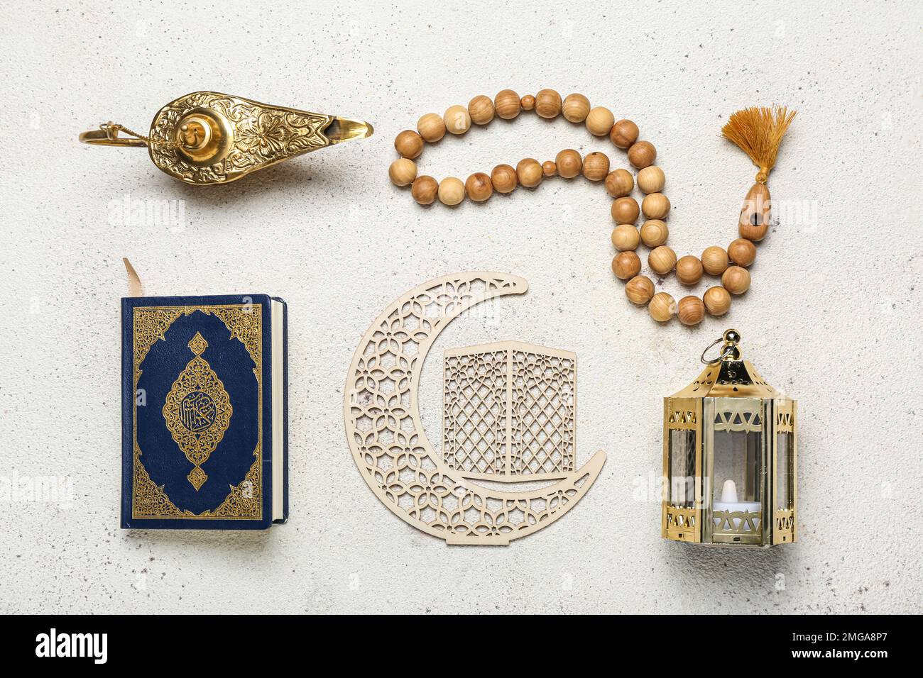 Aladdin lamp, Koran, Muslim lantern, crescent and prayer beads for ...