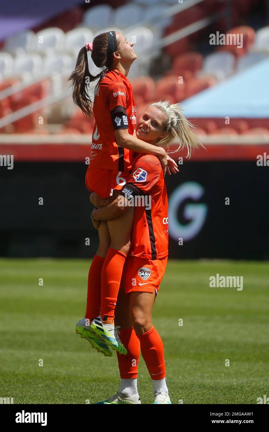 Houston Dash's Rachel Daly, right, lifts Shea Groom (6) after their ...