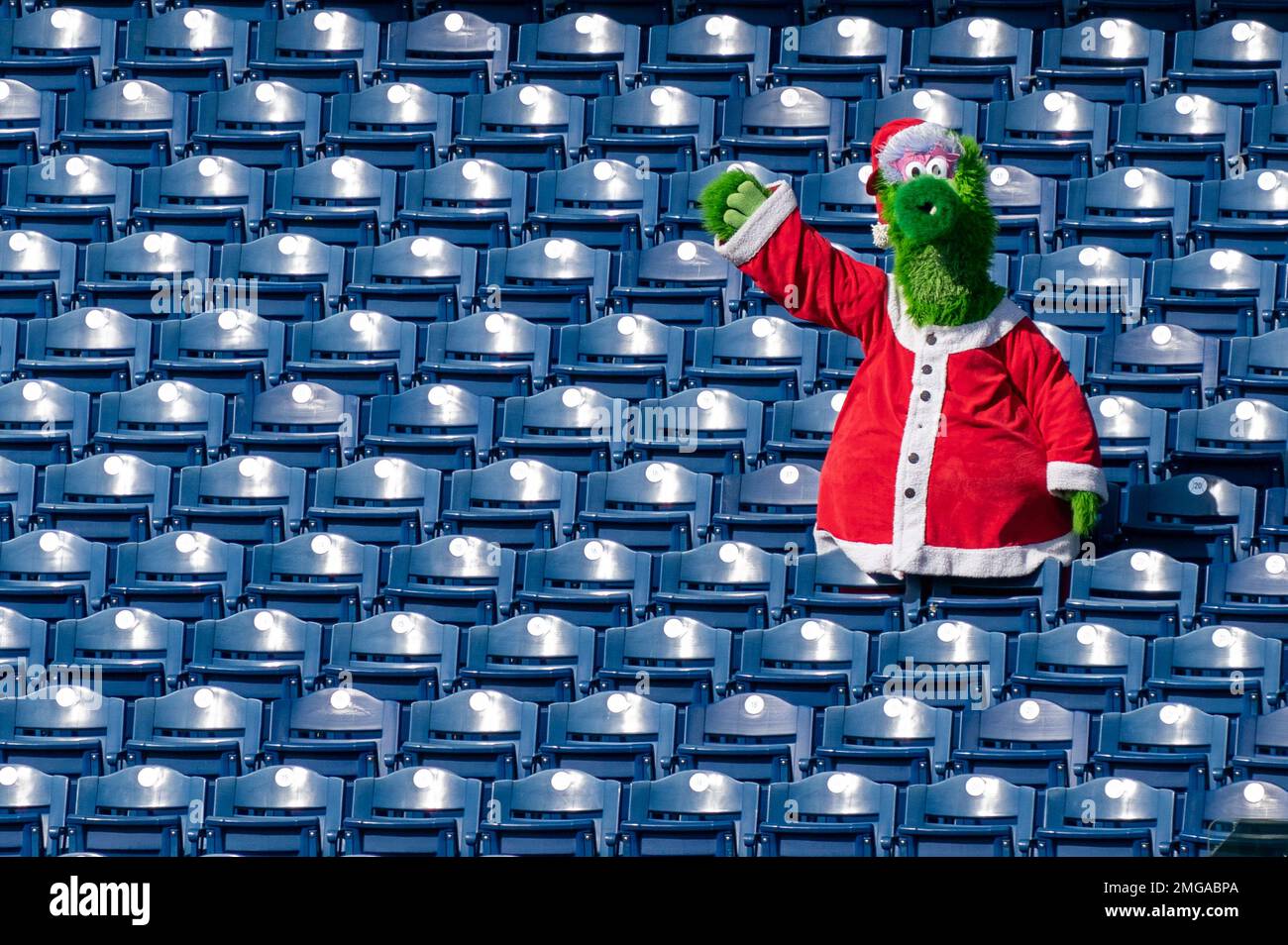 The Phillie Phanatic, wearing his Santa outfit for Christmas in July ...