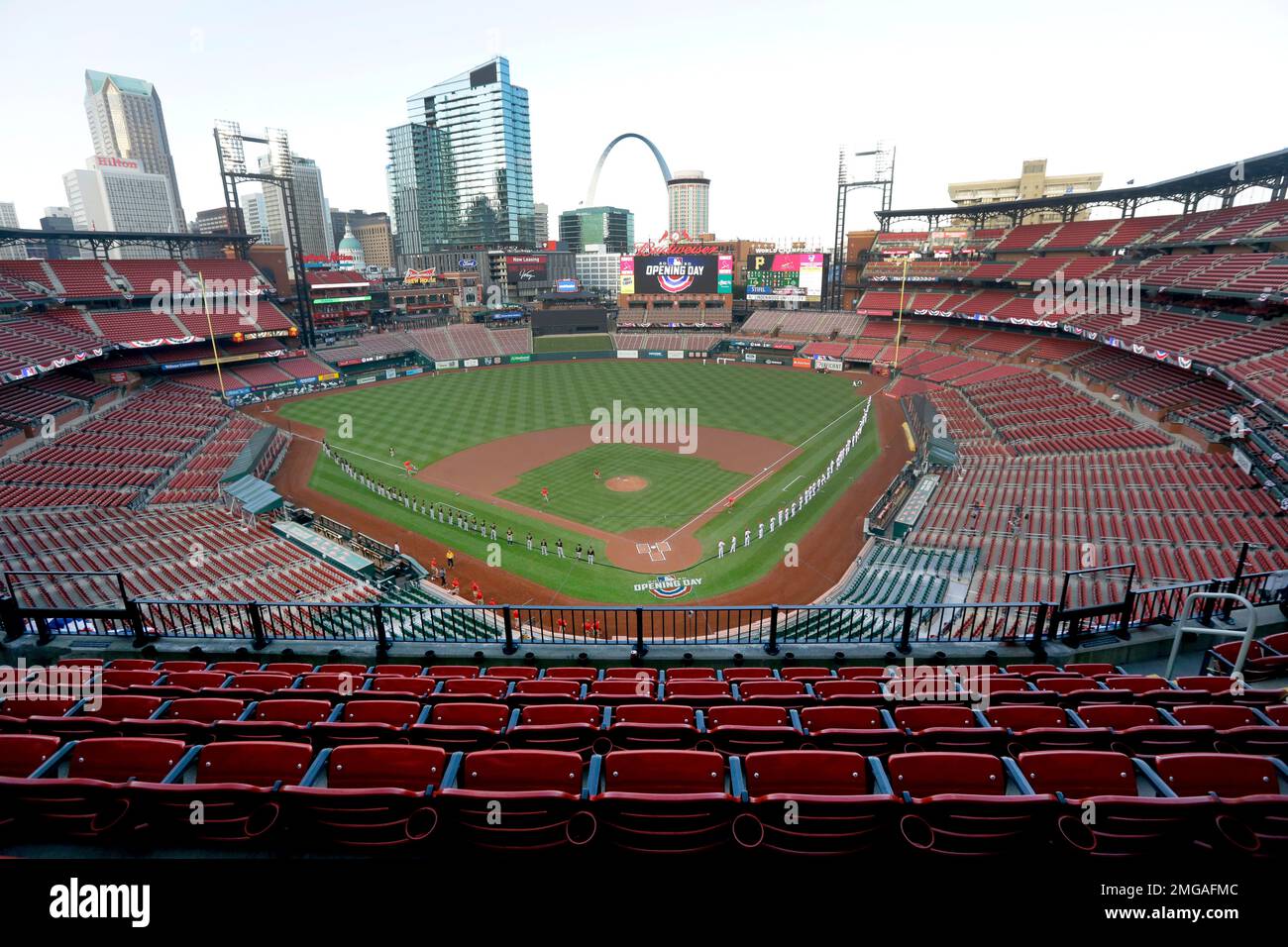 Empty seats are seen in this general view of Busch Stadium as members ...
