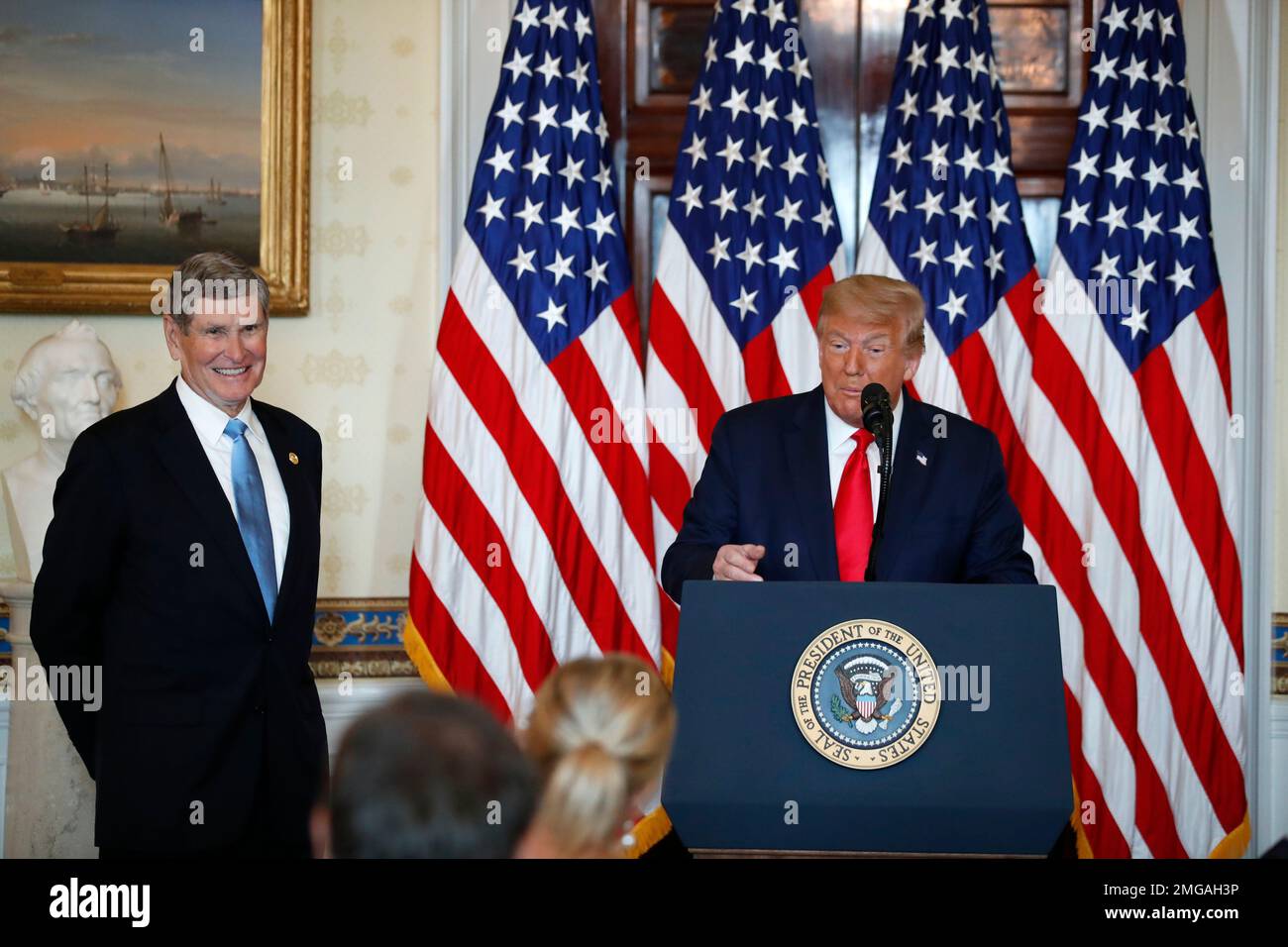 President Donald Trump speaks during an event to present the ...