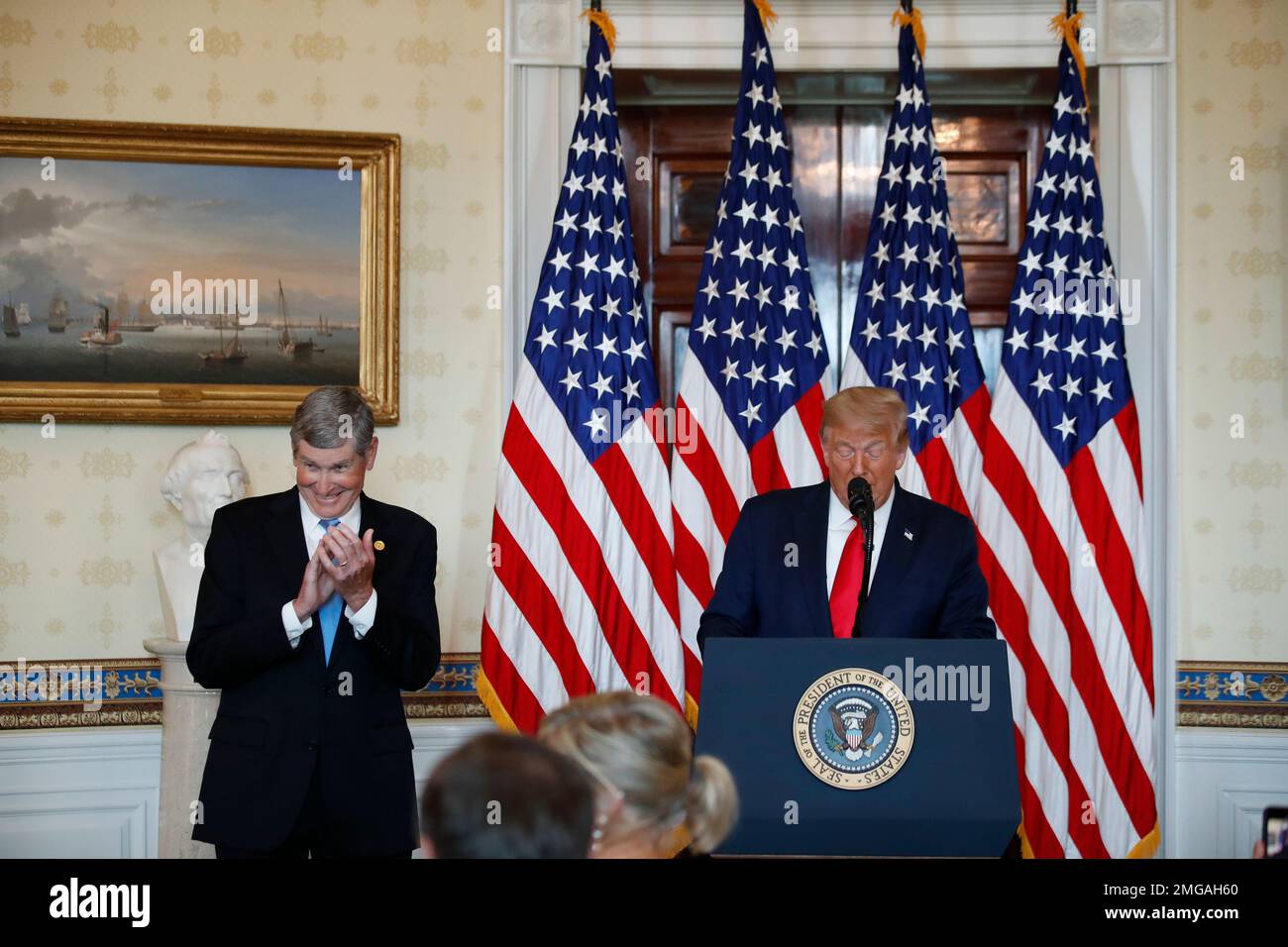 President Donald Trump speaks during an event to present the ...