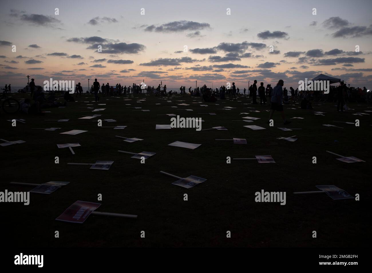 Signs are seen on the ground prior to a protest against corruption in ...