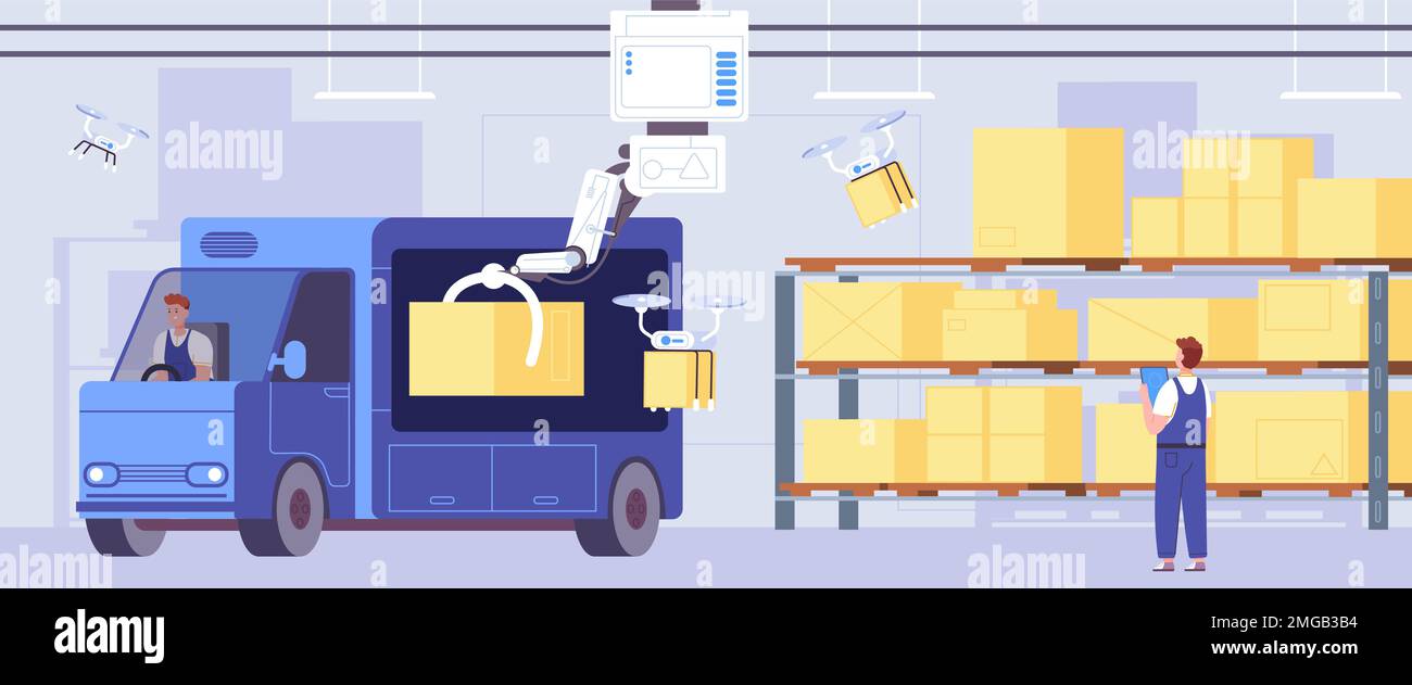 Warehouse drone. Automated warehouses innovation technology robot aircraft drones for unloading ...