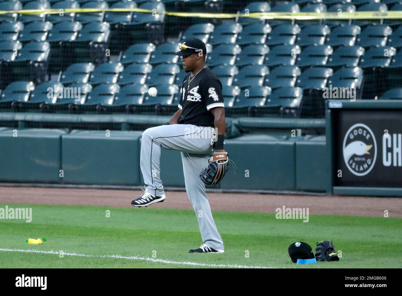 Chicago White Sox's Luis Alexander Basabe plays with a ball before an ...