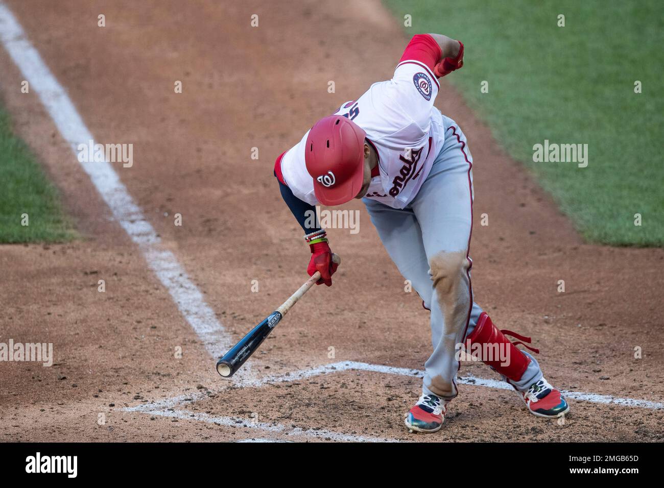 Washington Nationals' Juan Soto avoids an inside pitch during a ...