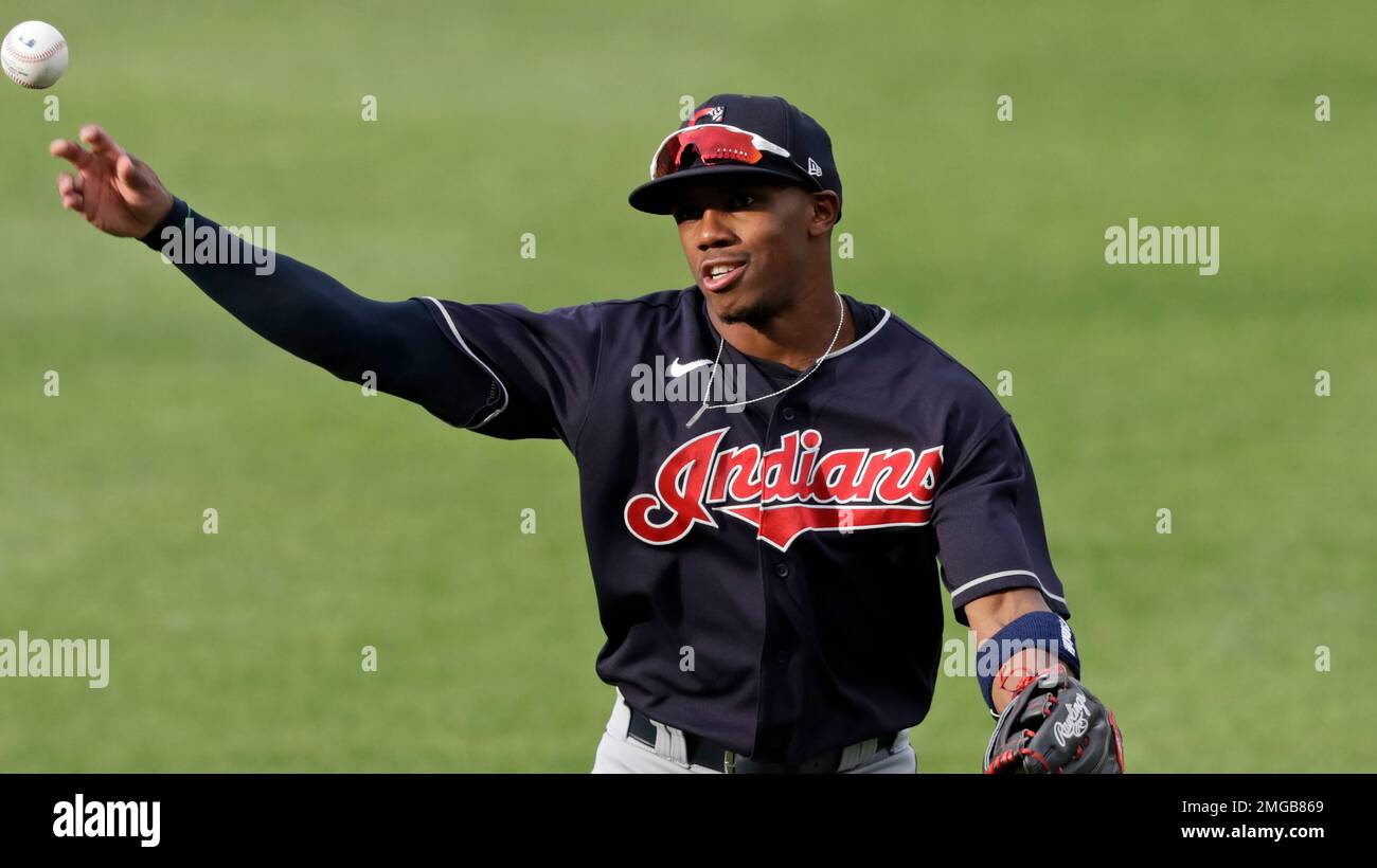 Cleveland Indians' Greg Allen warms up before an intrasquad baseball ...