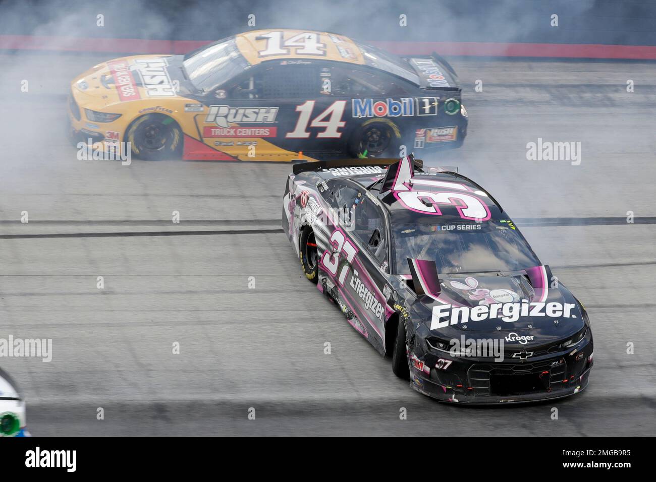 Ryan Preece (37) spins past Clint Bowyer (14) after a cash during a ...