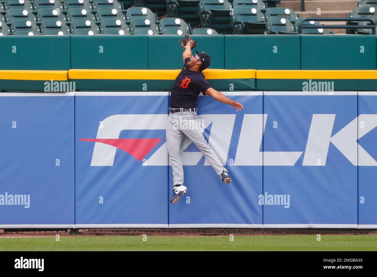 Detroit Tigers left fielder Riley Greene catches a C.J. Cron hit from ...