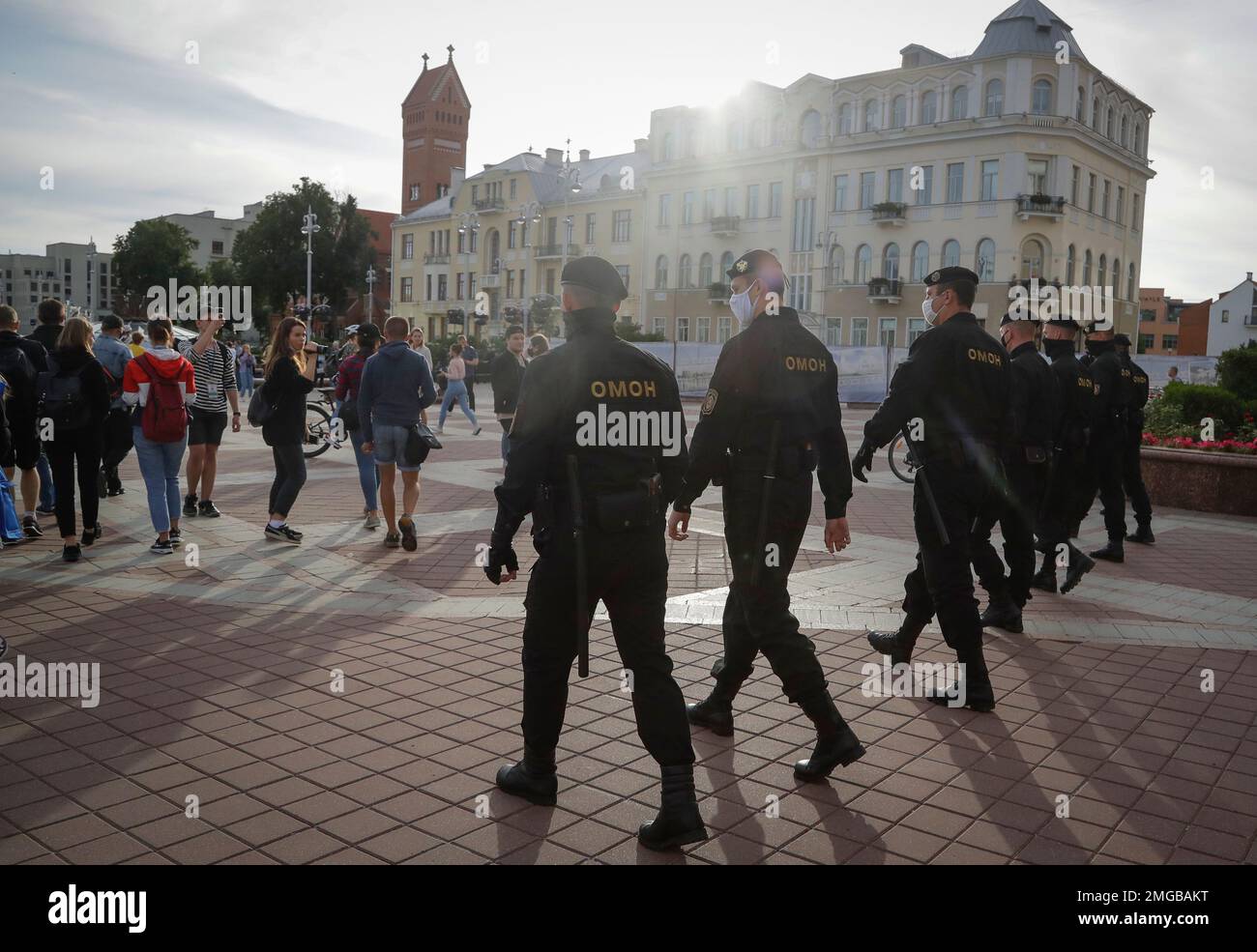 Belarusian police block a square in Minsk, Belarus, Wednesday, July 15 ...