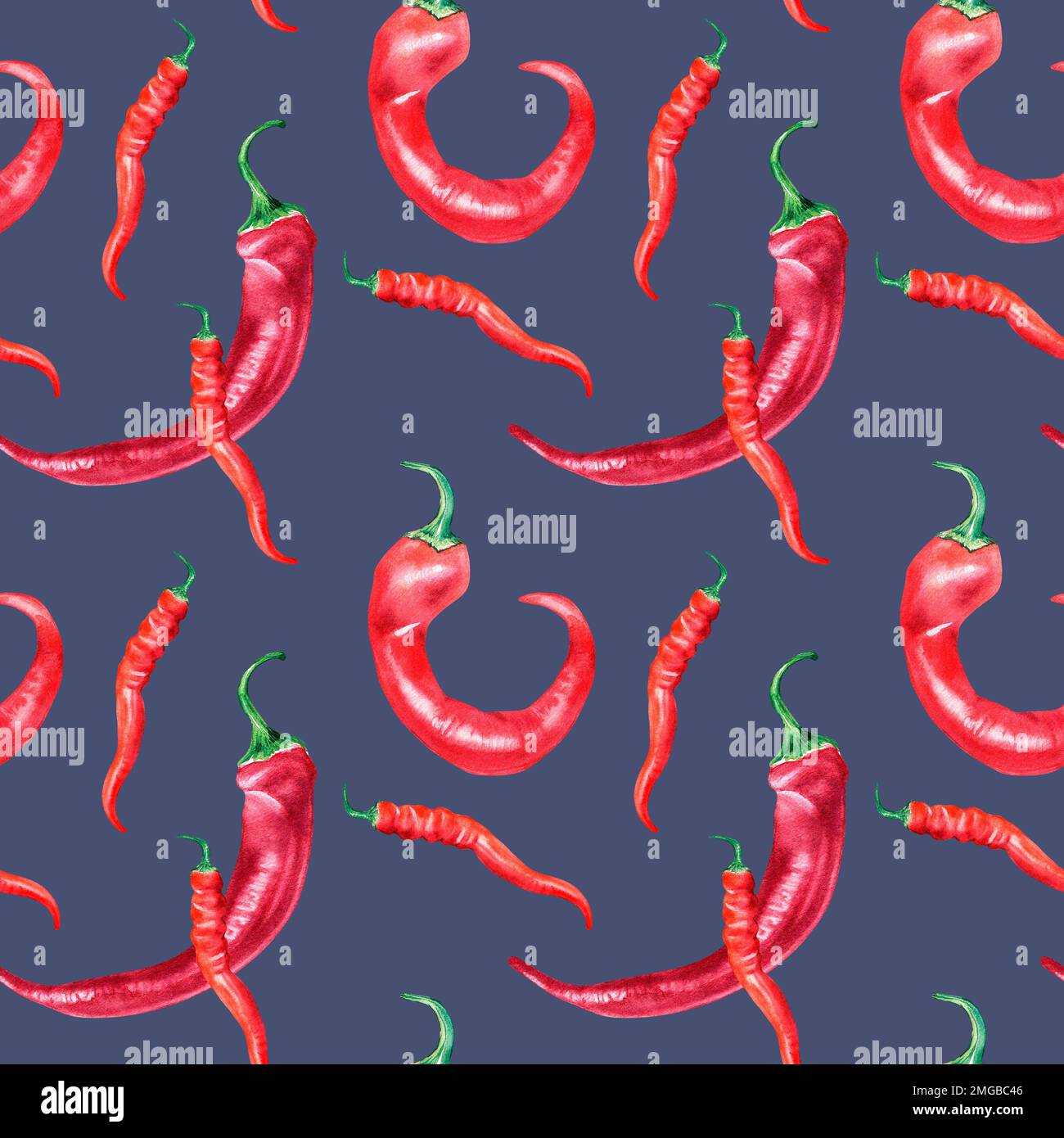 Red chili hot peppers watercolor seamless pattern isolated on grey ...