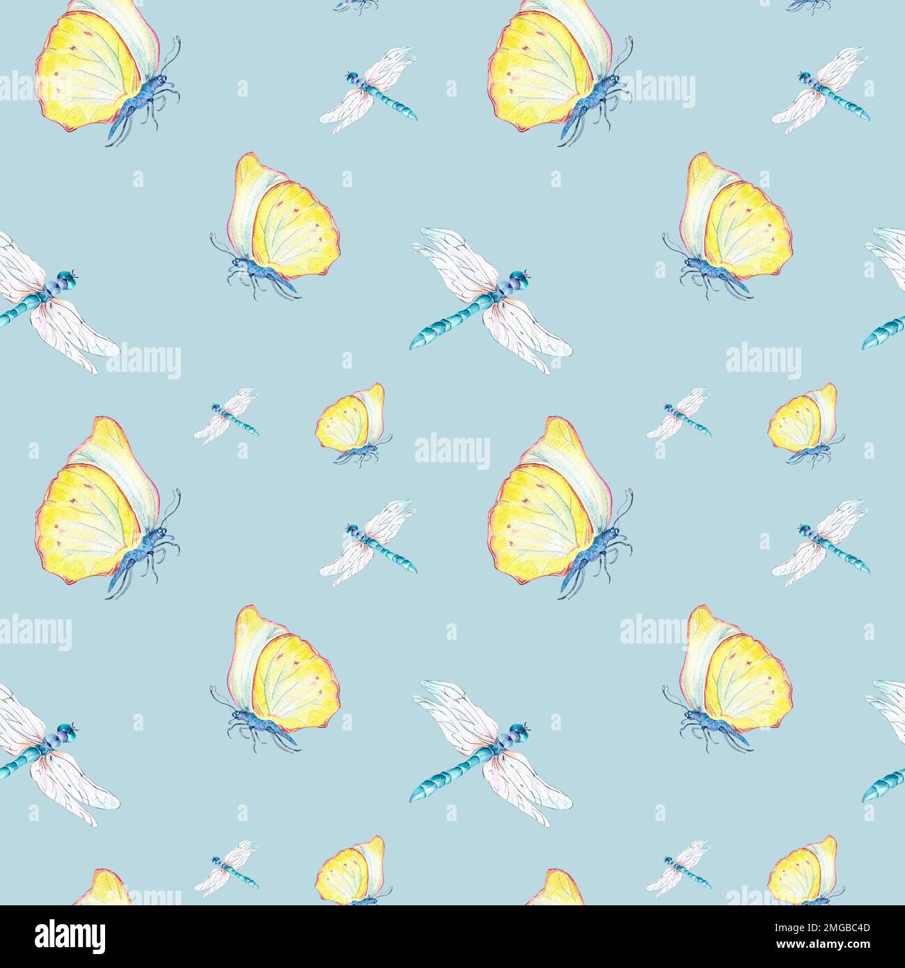 Butterfly and dragonfly watercolor seamless pattern on blue. Yellow ...