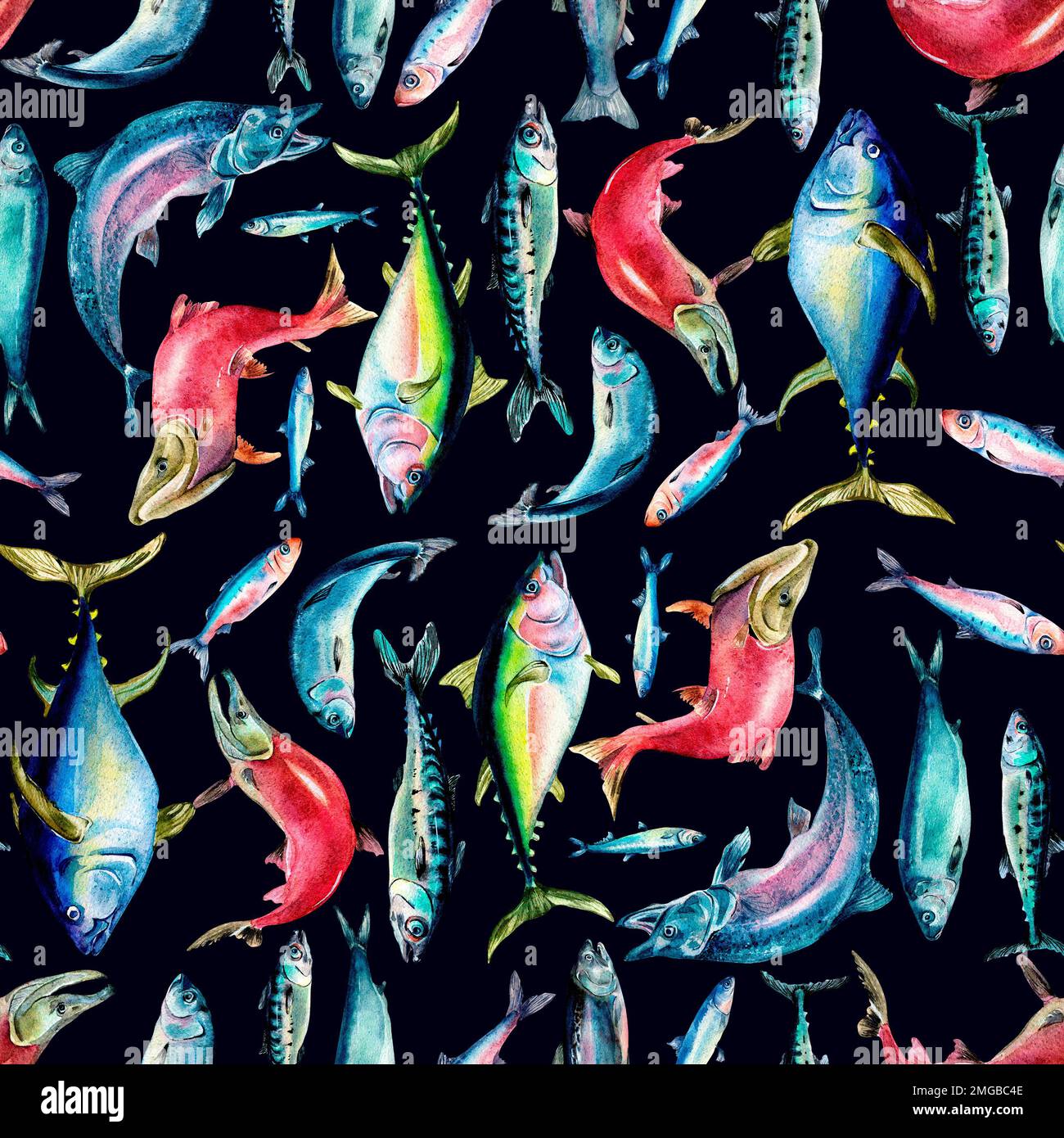 Different sea fishes seamless pattern watercolor illustration isolated ...