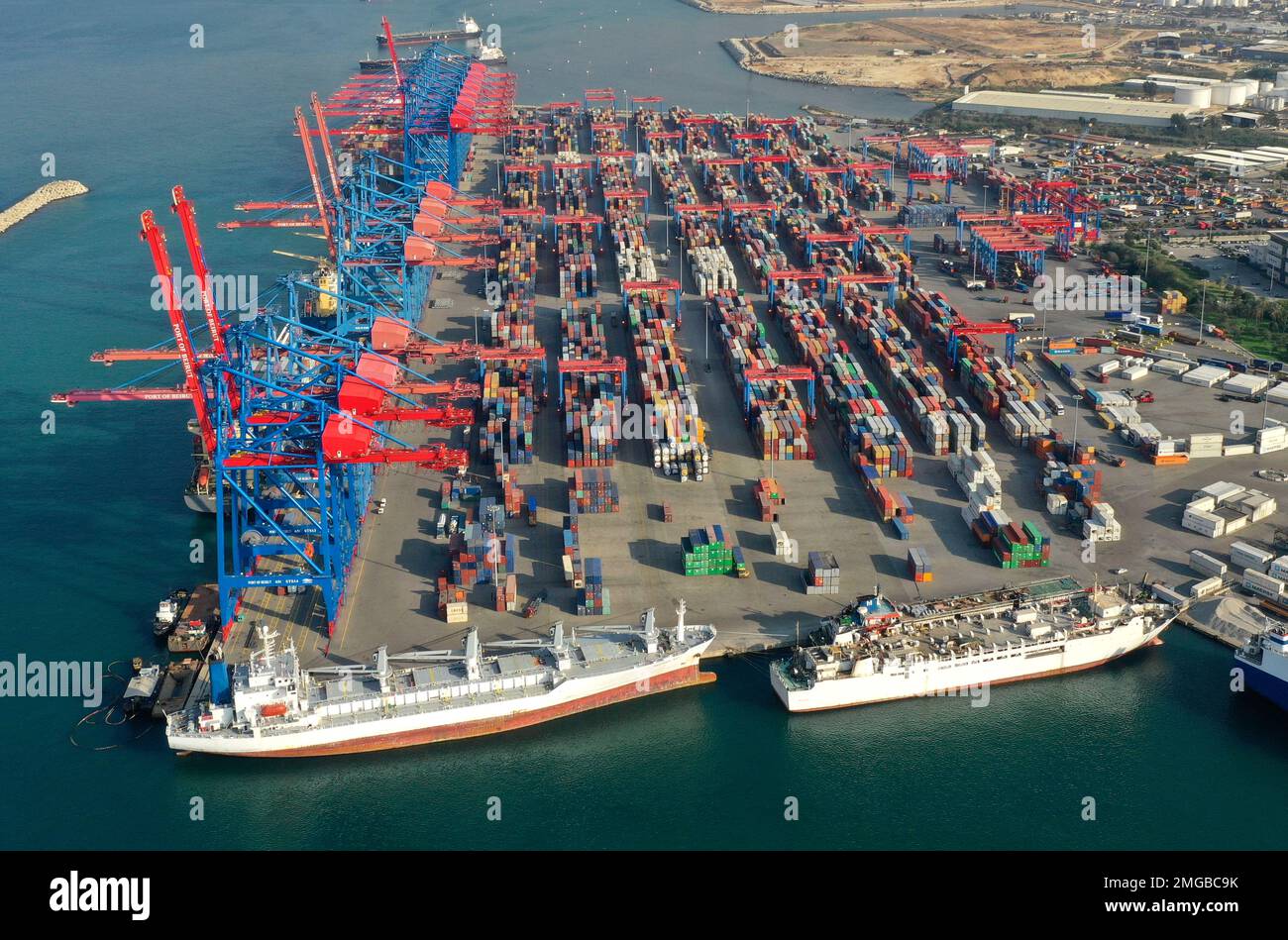 A drone picture shows a general view of containers piled up at one of ...