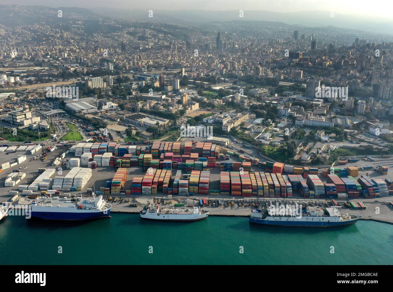 A drone picture shows a general view of containers are piled up at one ...