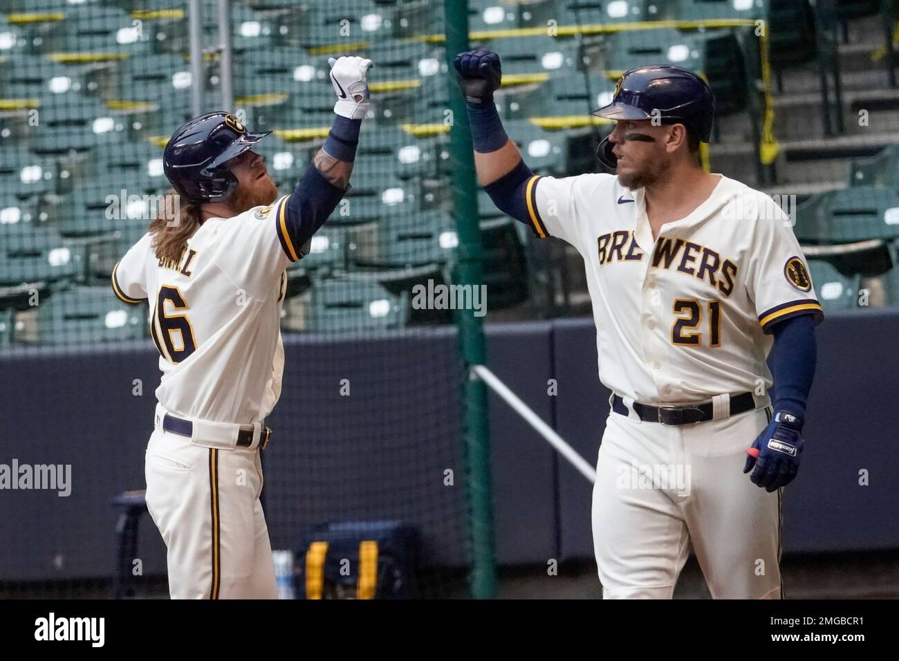 Milwaukee Brewers' Ben Gamel is congratulated by Logan Morrison after ...