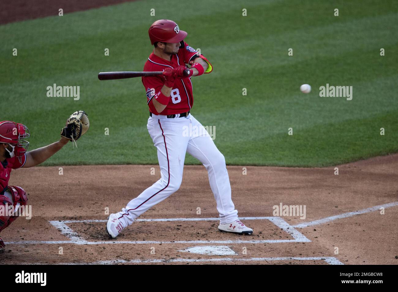 Washington Nationals' Carter Kieboom bats during a baseball training ...