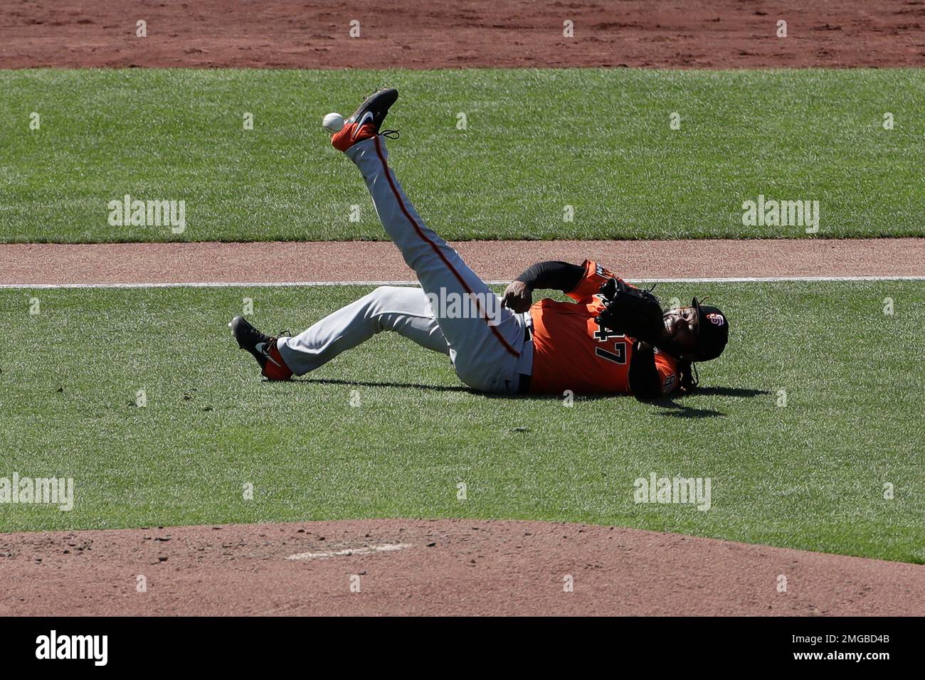 San Francisco Giants pitcher Johnny Cueto throws from his back after ...