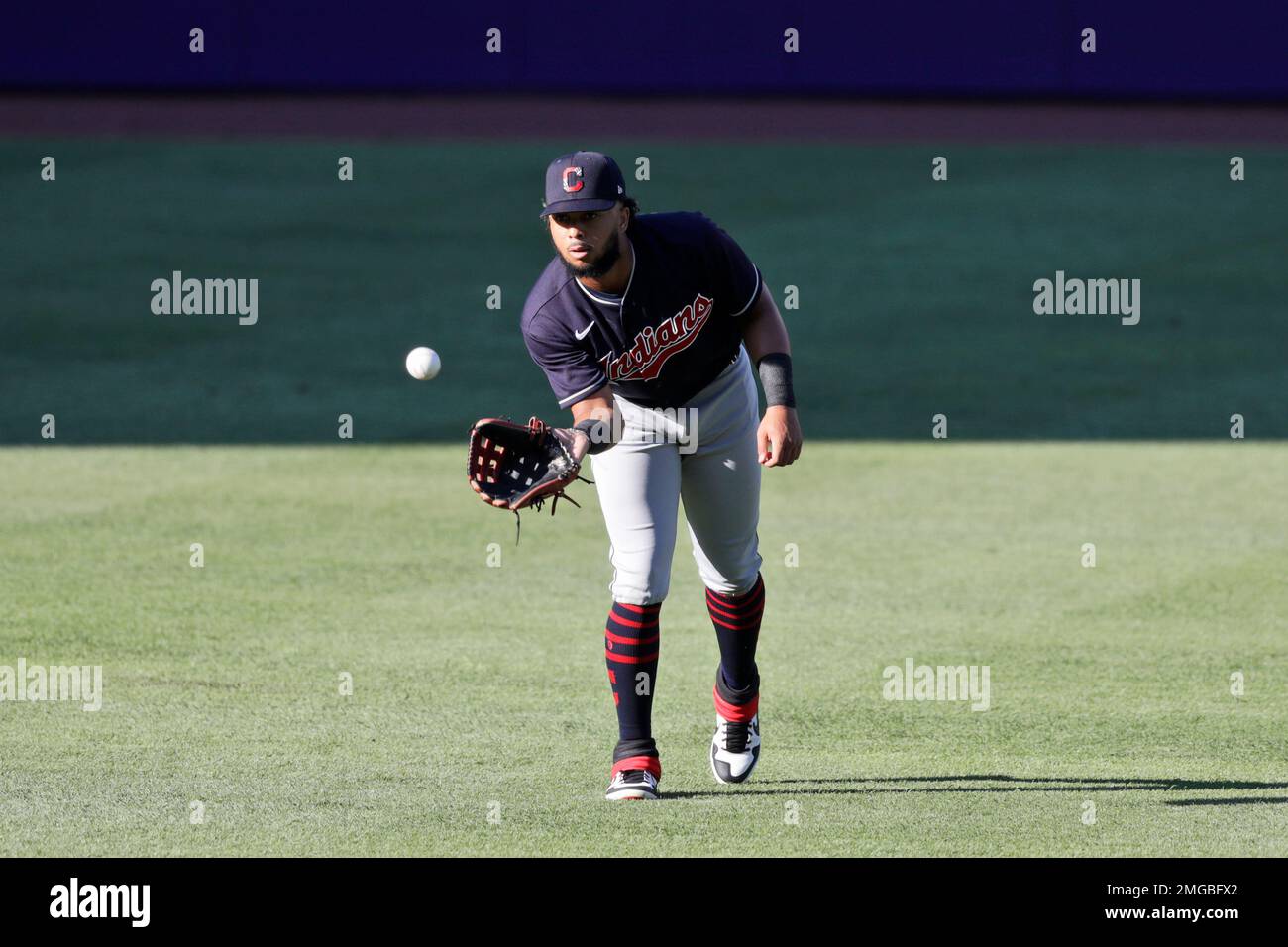 Cleveland Indians' George Valera warms up before an intrasquad baseball ...