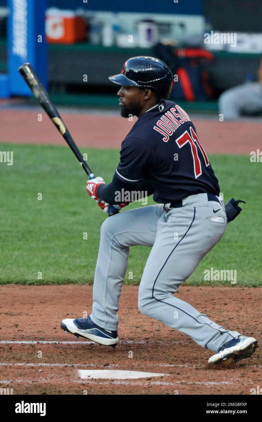 Cleveland Indians' Daniel Johnson watches his ball after hitting during ...